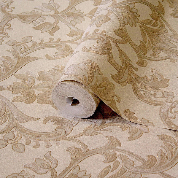 Timeless Ornate Embossed Wallpaper, Beige, Fabric Like, Rich 3D Textured Flocked Luxury ...