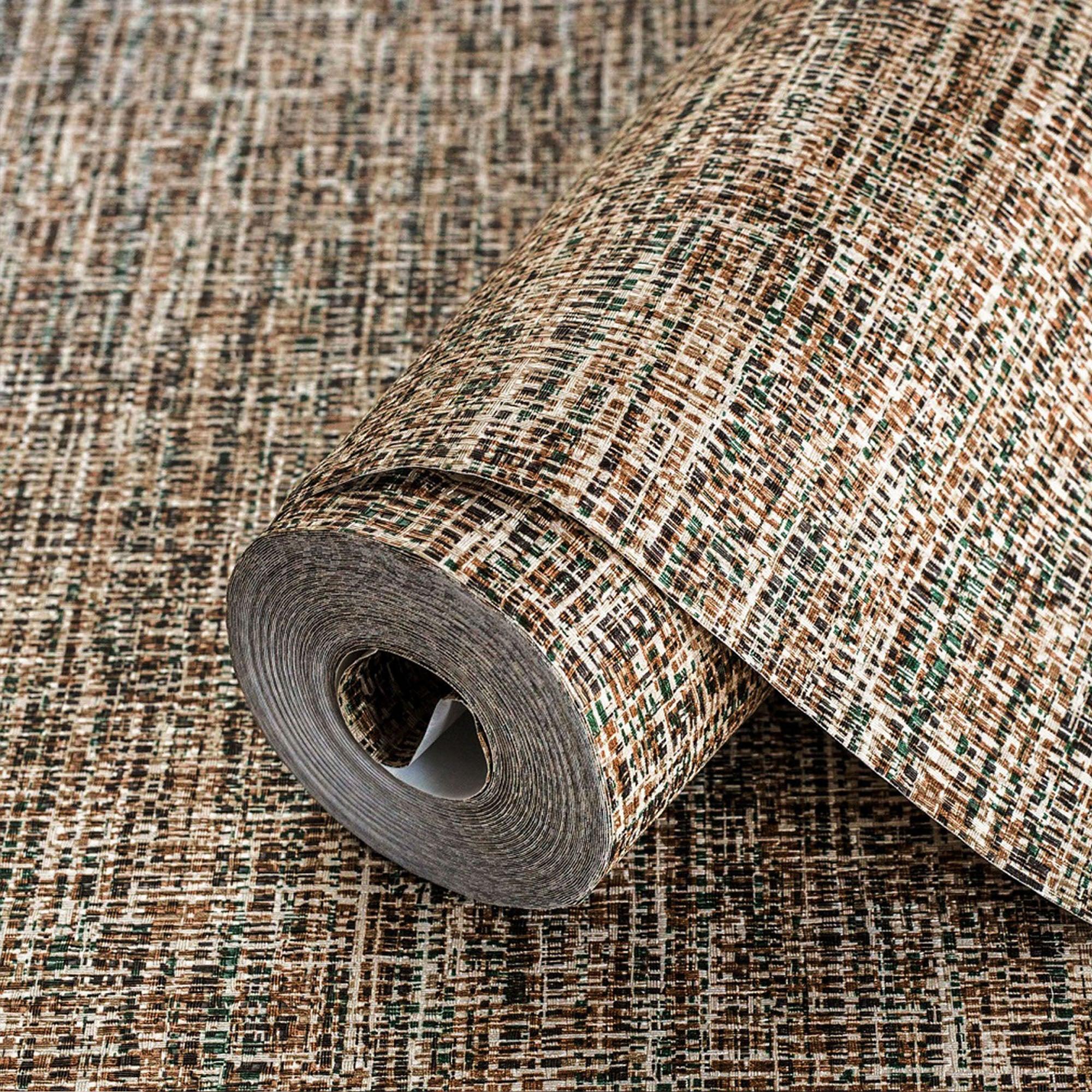 Brown Green Basket Weave Woven Textile Wallpaper, Beige, Blue Realisti ...