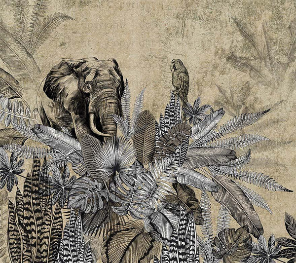 Elephant Jungle Wall Mural, Light Green Forest Animal Theme Wallpaper ...