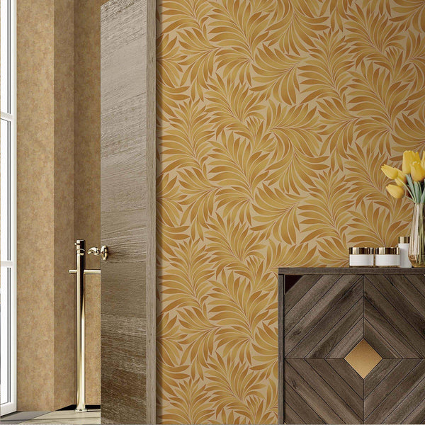 Gold Luxury Leaves Solid Color Shades Wallpaper, Deep Embossed Flocked ...