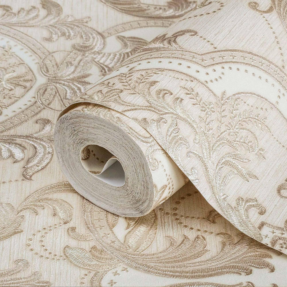 Light Beige, Gold Luxury 3D Damask Wallpaper, Premium Sparkling Velvet ...