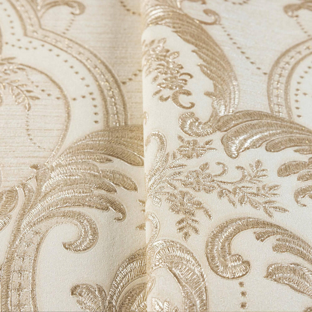 Light Beige, Gold Luxury 3D Damask Wallpaper, Premium Sparkling Velvet ...