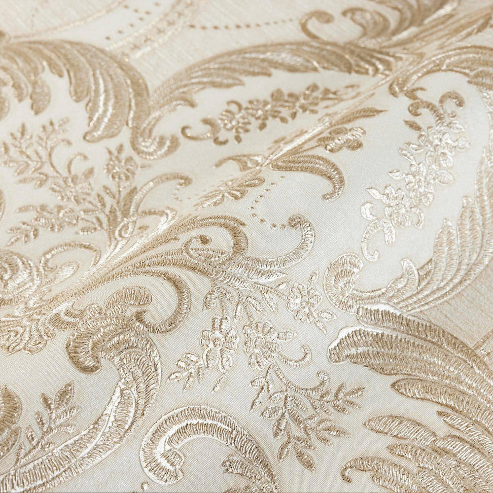 Light Beige, Gold Luxury 3D Damask Wallpaper, Premium Sparkling Velvet ...