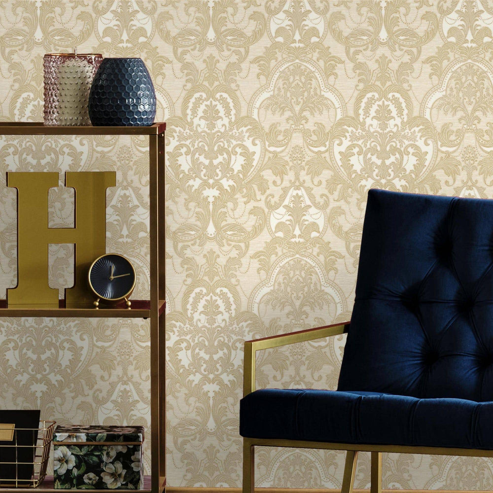 Light Beige, Gold Luxury 3D Damask Wallpaper, Premium Sparkling Velvet ...