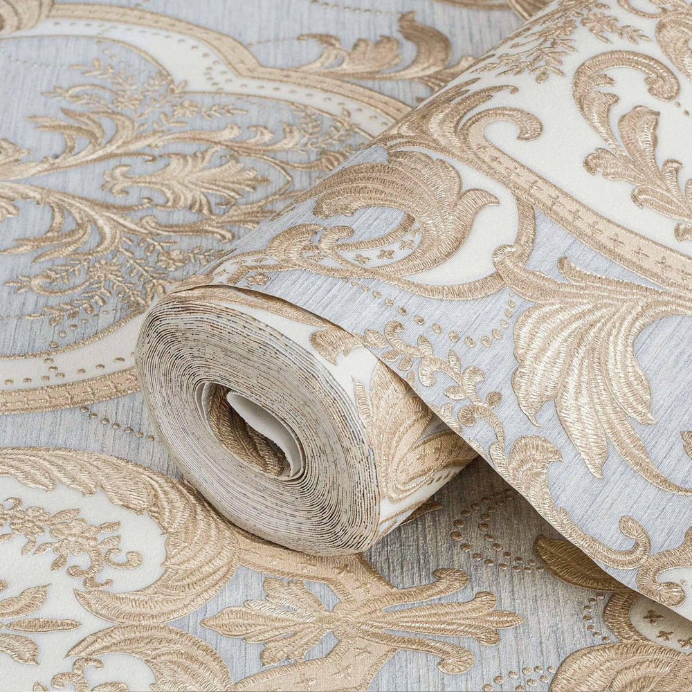 Light Blue, Gold Luxury 3D Damask Wallpaper, Premium Sparkling Velvet Feeling Flocked ...