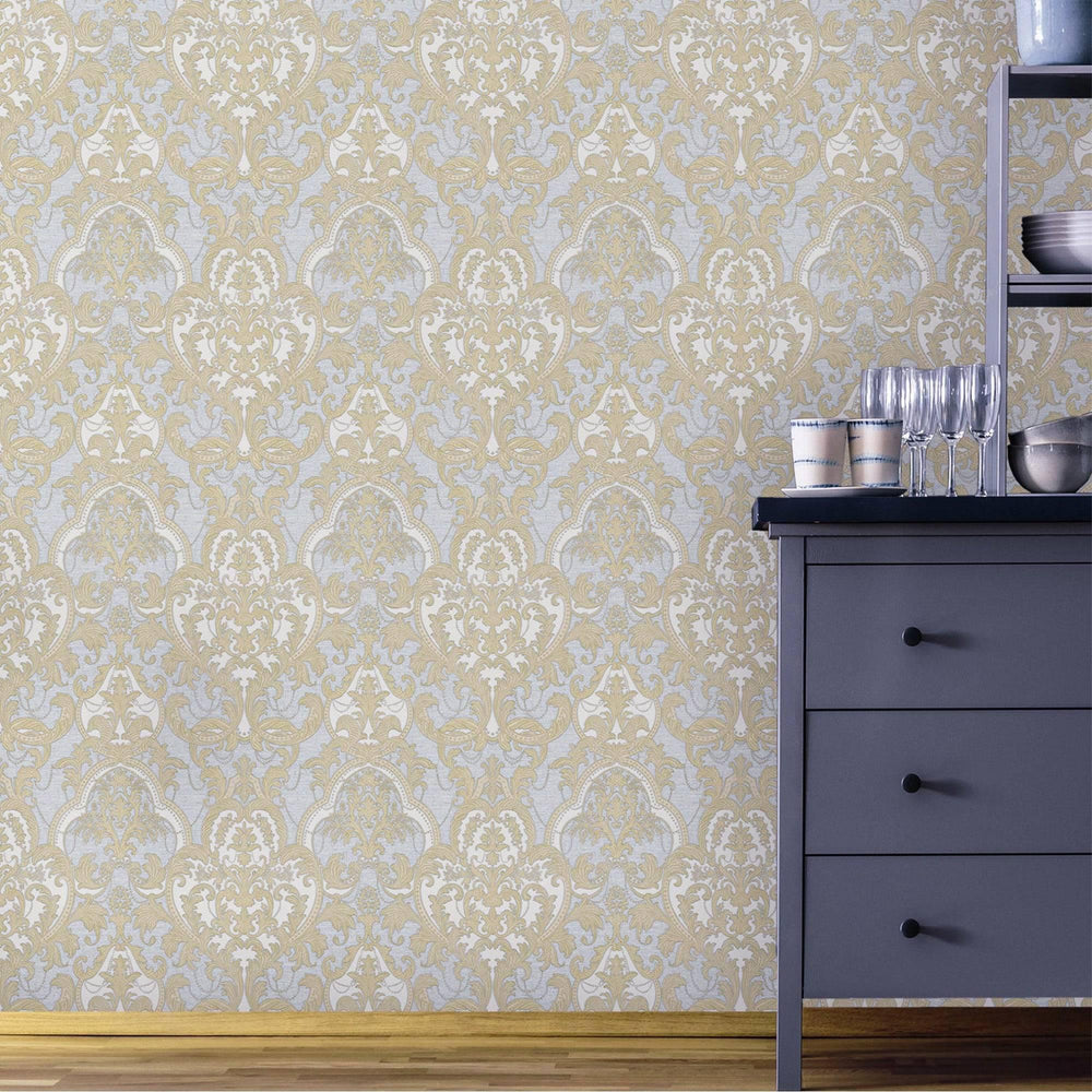 Light Blue, Gold Luxury 3D Damask Wallpaper, Premium Sparkling Velvet Feeling Flocked ...