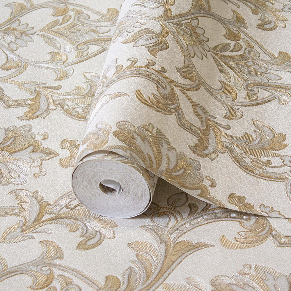 Light Gray, Gold Timeless Ornate Embossed Wallpaper, Fabric Like Rich ...