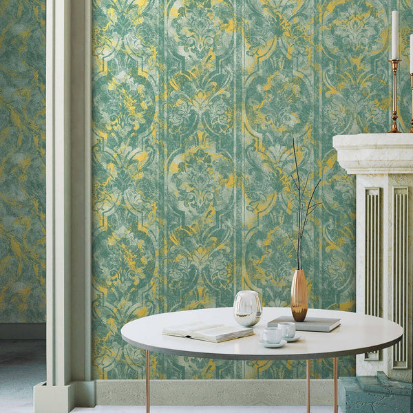Modern Green Washed Distressed Wallpaper, Rich Damask Textured Embossed ...